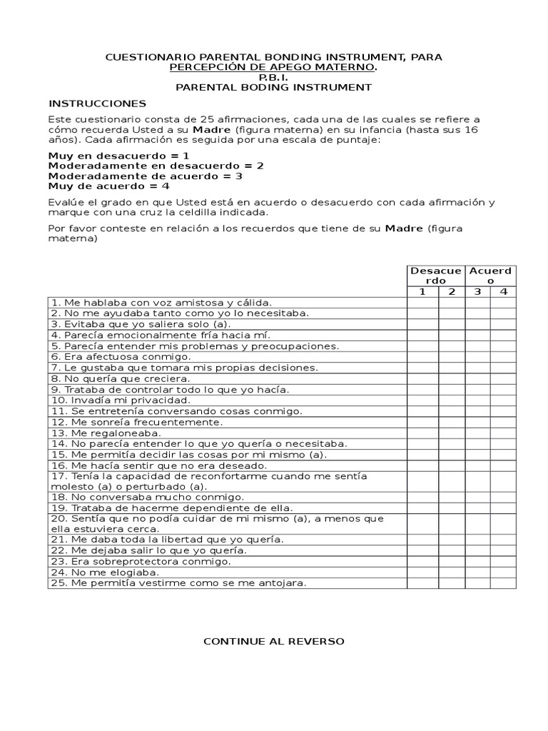 Cuestionario Parental Bonding Instrument | PDF | Ajedrez | Juegos y ...