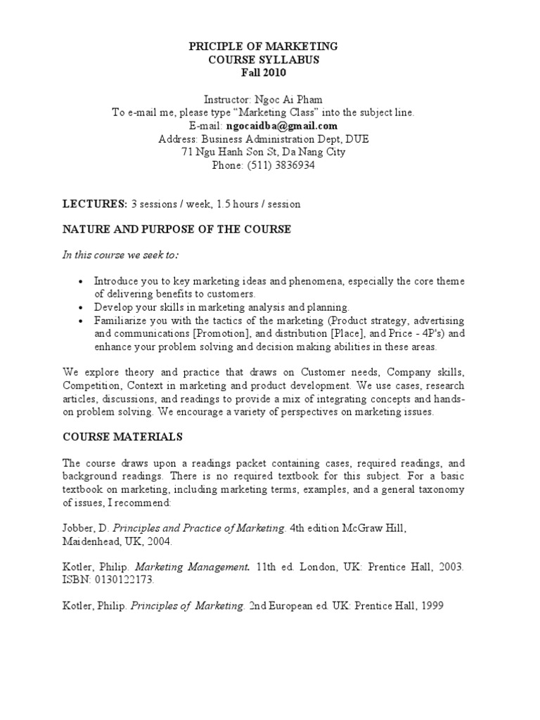 Marketing Management Course Outline | PDF | Textbook | Marketing