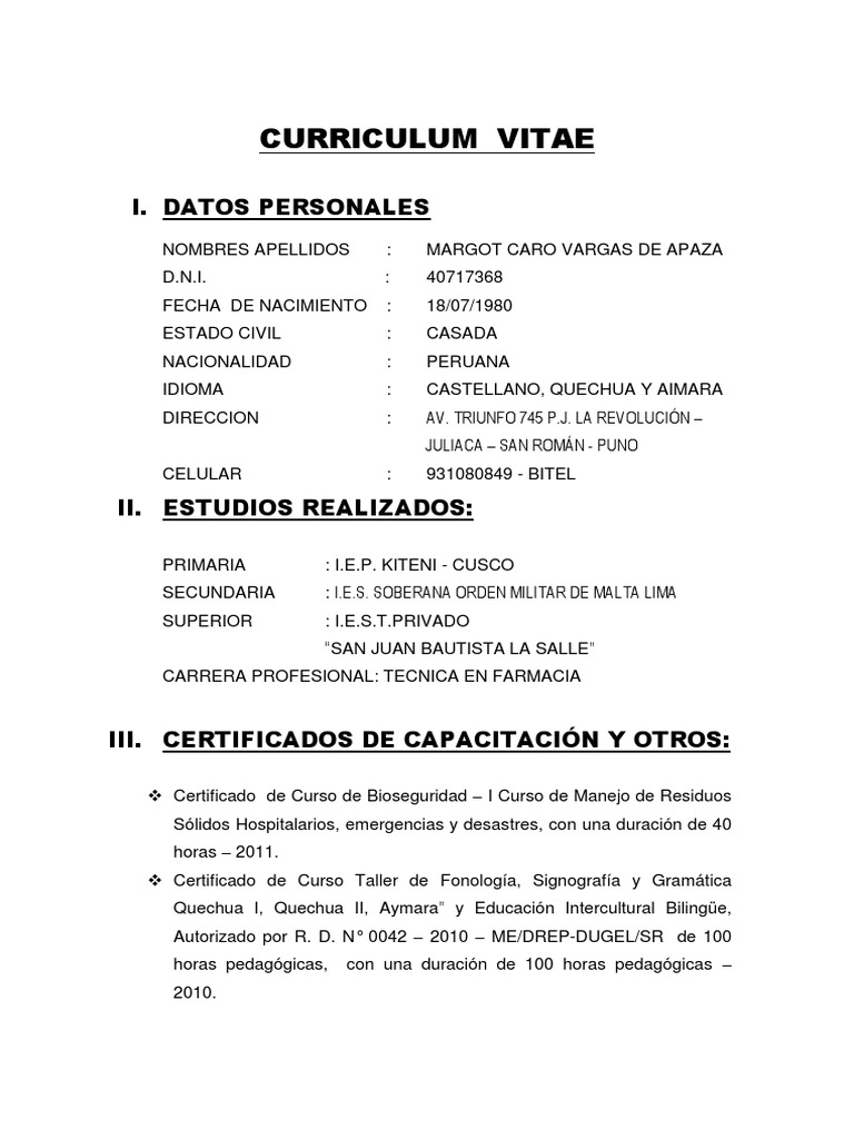 Curriculum Vitae: I. Datos Personales | PDF | Educación avanzada
