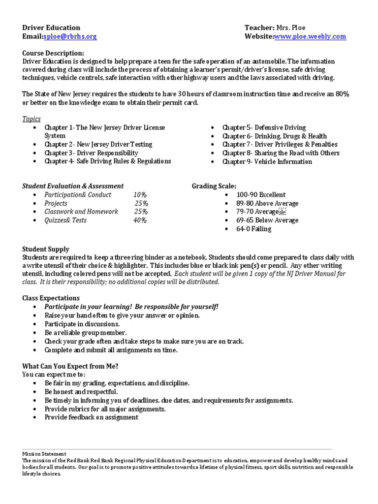 driver ed syllabus | Physical Education | Driver's License