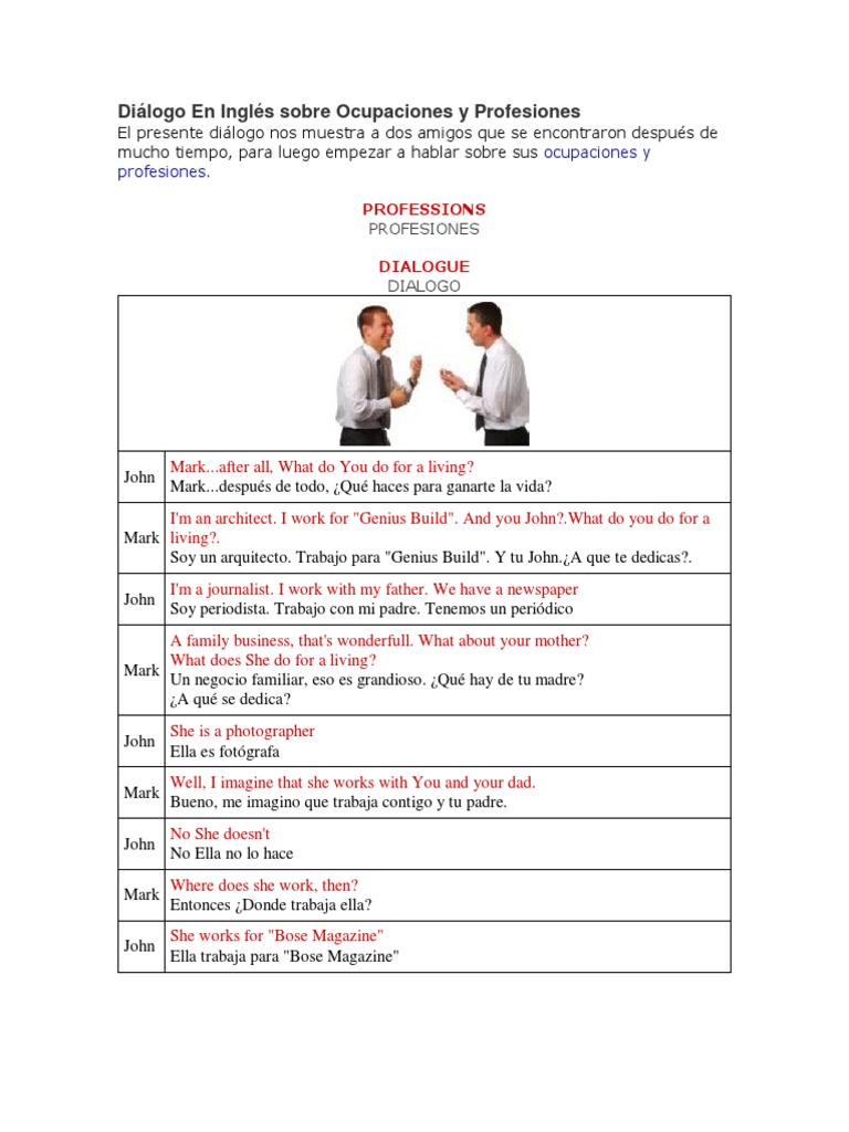Diálogo 3 en Inglés Sobre Ocupaciones y Profesiones | PDF