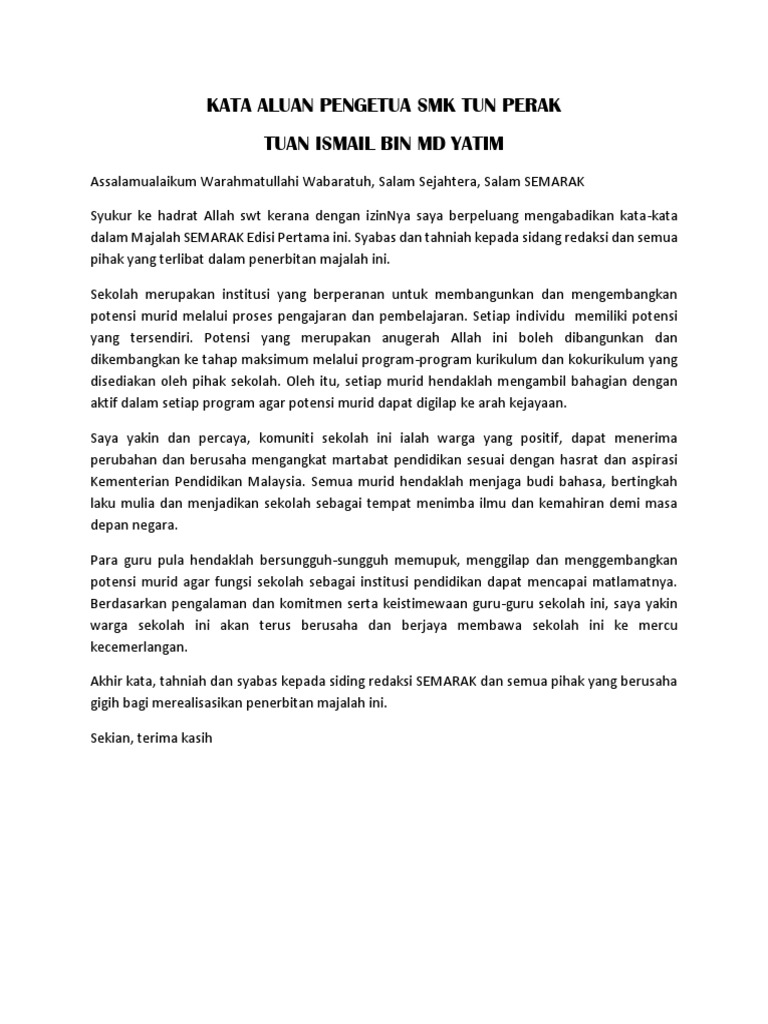 Kata Aluan Pengetua SMK Tun Perak | PDF