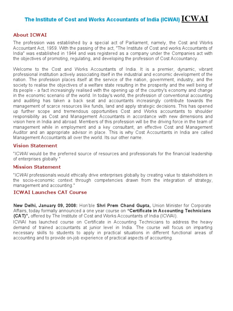 Icwai: The Institute of Cost and Works Accountants of India (ICWAI ...