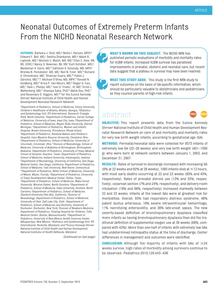 Neonatal Outcomes of Extremely Preterm Infants From The NICHD Neonatal ...