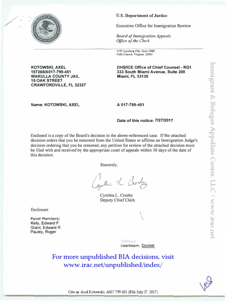 Axel Kotowski, A017 799 451 (BIA July 27, 2017) | PDF | Removal ...