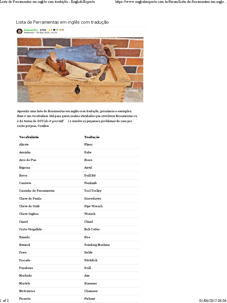 Lista de Ferramentas em Inglês Com Tradução - English Experts | PDF ...