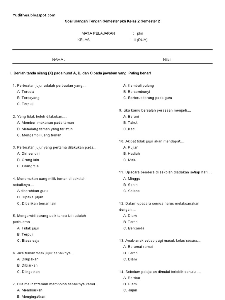 Soal UTS PKN Kelas 2 Semester 2 Ok | PDF