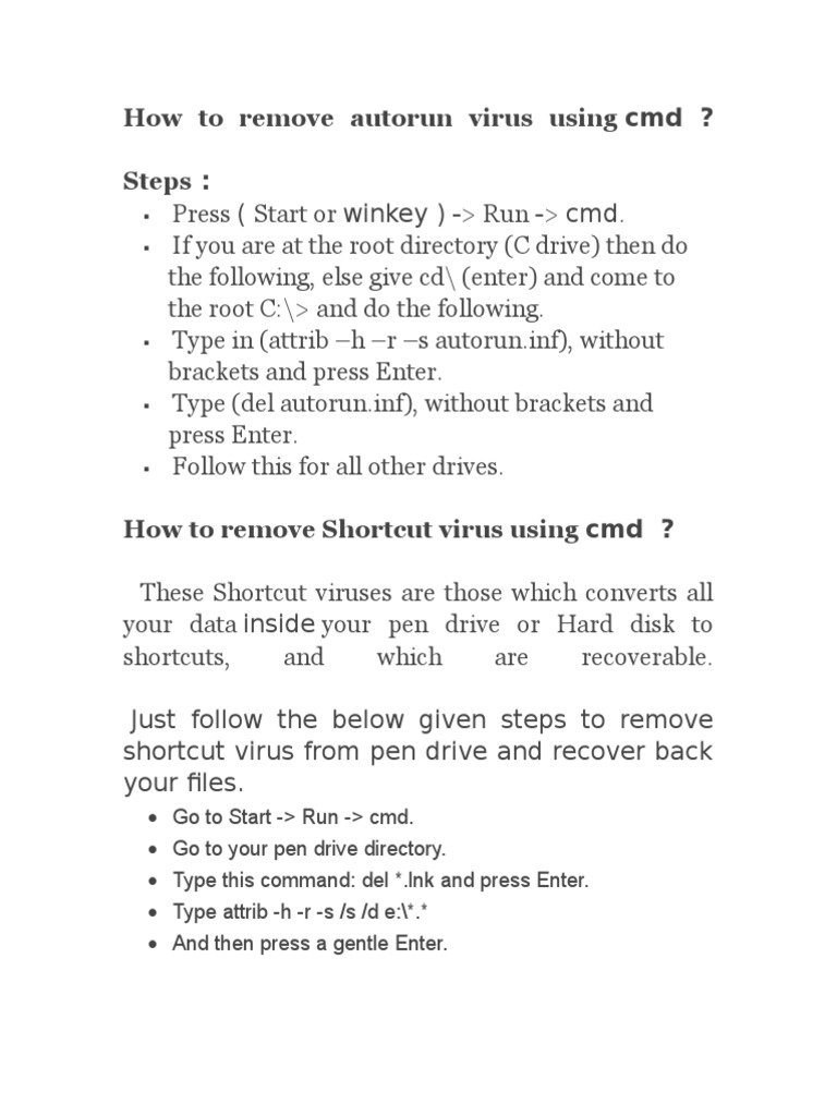 How To Remove Autorun Virus Using CMD ? Steps | PDF
