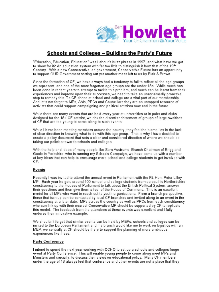 Ben Howlett CF Policy On Schools and Colleges - Building The Party's ...