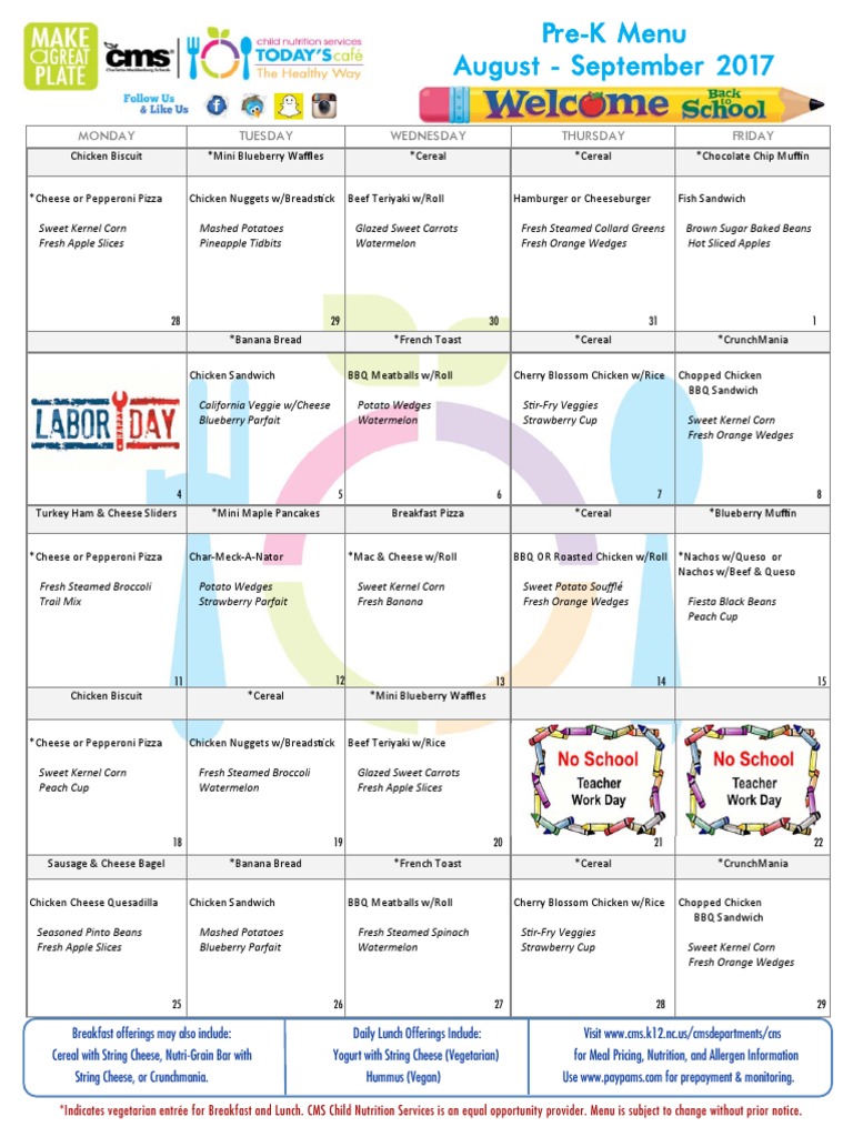 August-September 2017 Prek Menu | PDF | Food And Drink Preparation ...