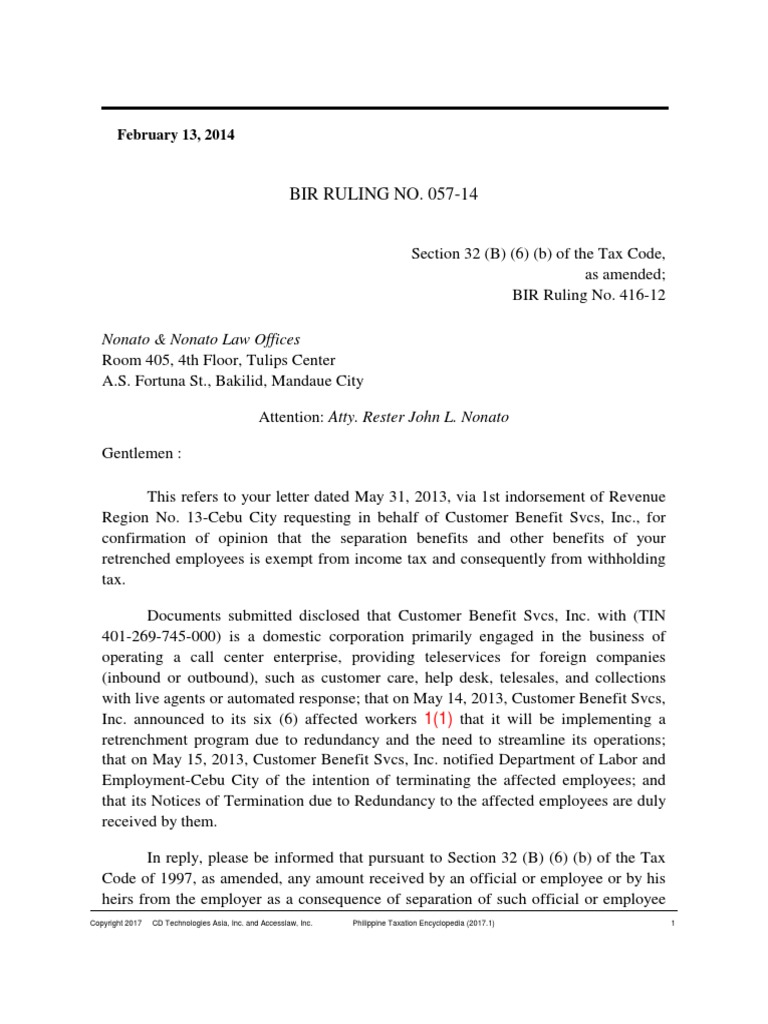 BIR Ruling No 05714 | Employee Benefits | Employment