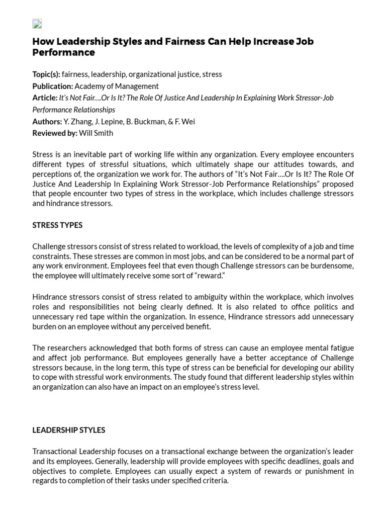 Leadership, Fairness, and Work Stress | PDF | Leadership | Stress (Biology)