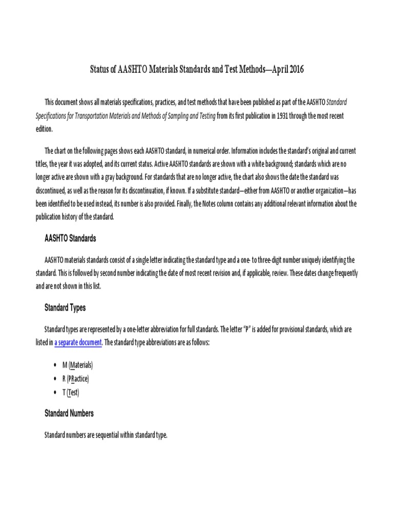 AASHTO Materials Standards by Standard Number | PDF | Road Surface ...