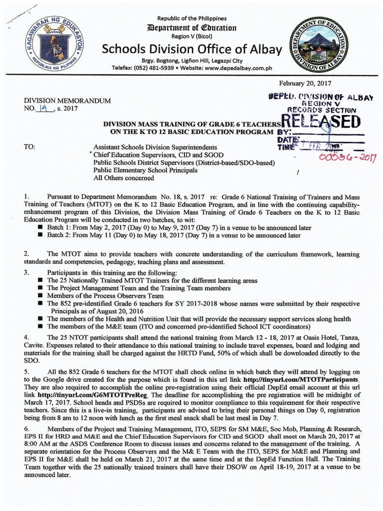 DM 019 S. 2017 Division Mass Training of Grade 6 Teachers On The K To ...