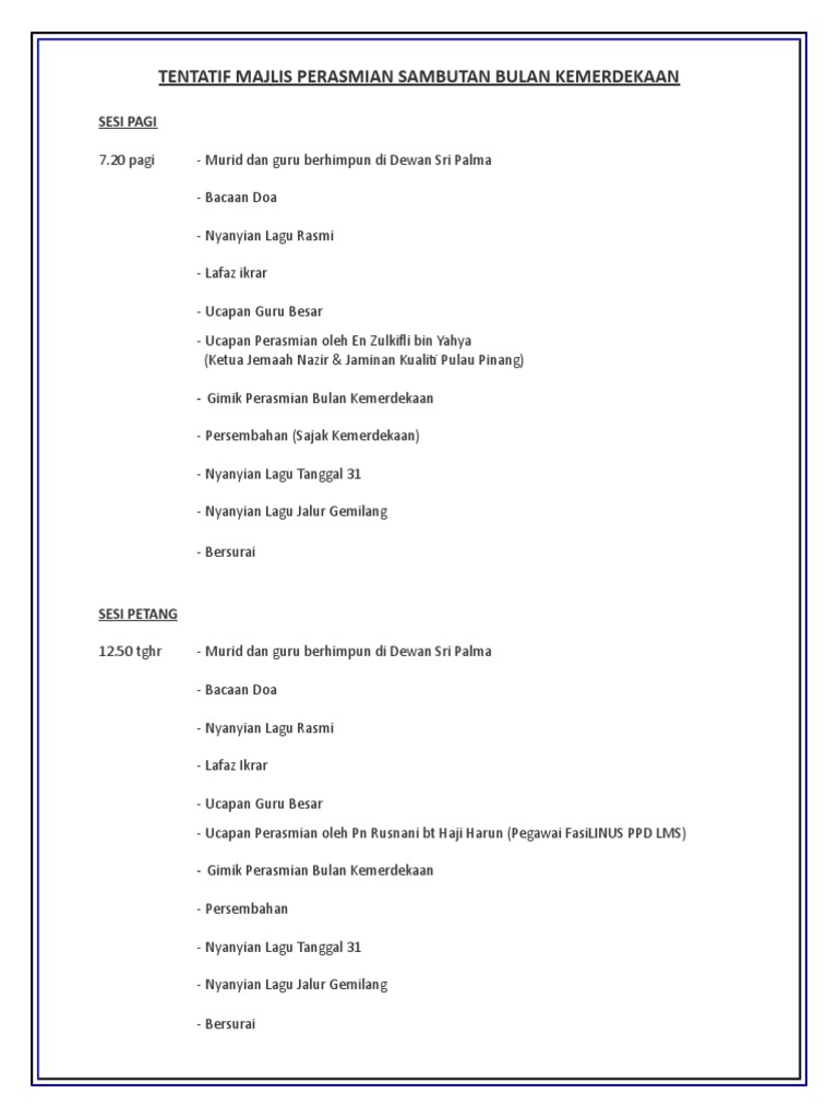 Tentatif Majlis Perasmian Sambutan Bulan Kemerdekaan & Ajk | PDF