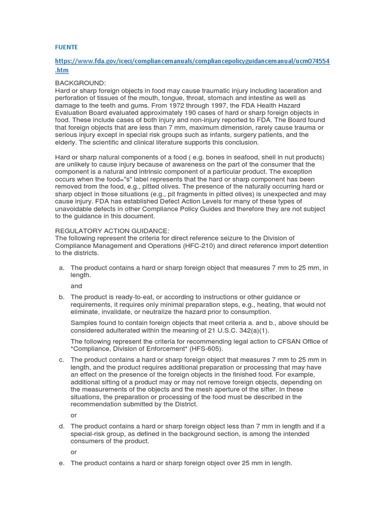 FDA Guidelines on Foreign Objects in Food | PDF | Food And Drug ...