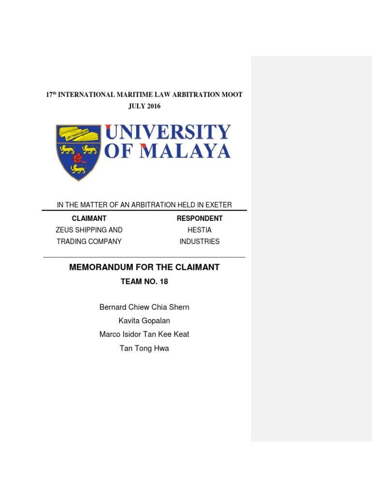 IMLAM 2016 Memorandum - University of Malaya (Claimant) | PDF | Marine ...