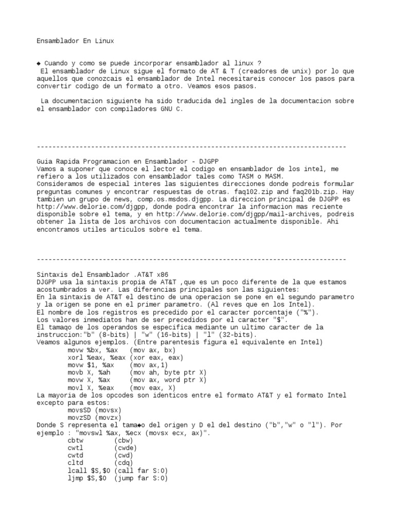 Ensamblador en Linux | PDF | Lenguaje ensamblador | Compilador
