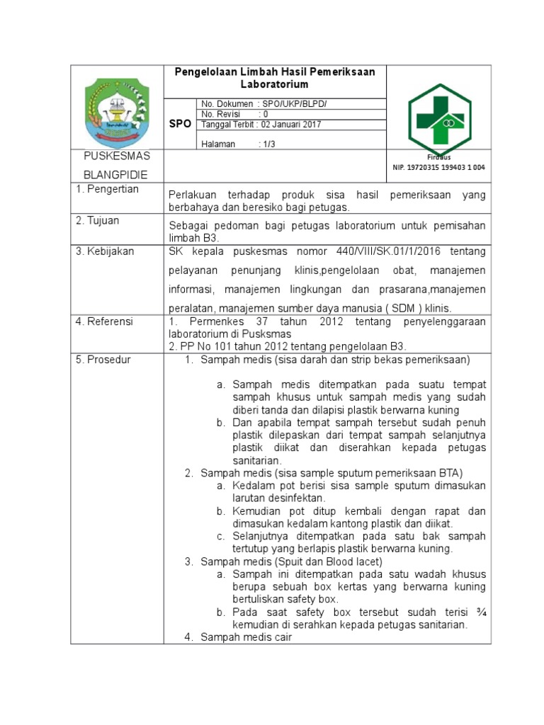 Sop Pengelolaan Limbah Hasil Pemeriksaan Laboratorium