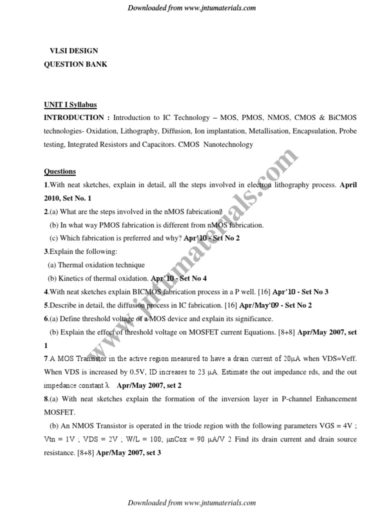VLSI Important Questions | PDF | Mosfet | Cmos
