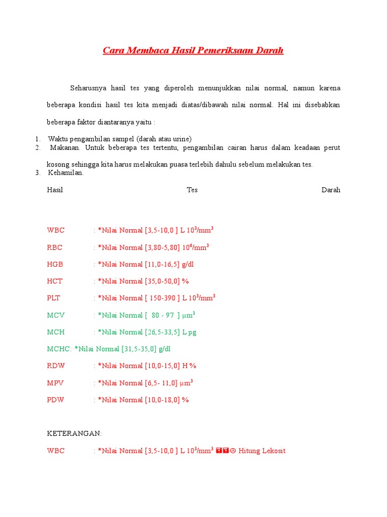 Cara Membaca Hasil Pemeriksaan Darah | PDF