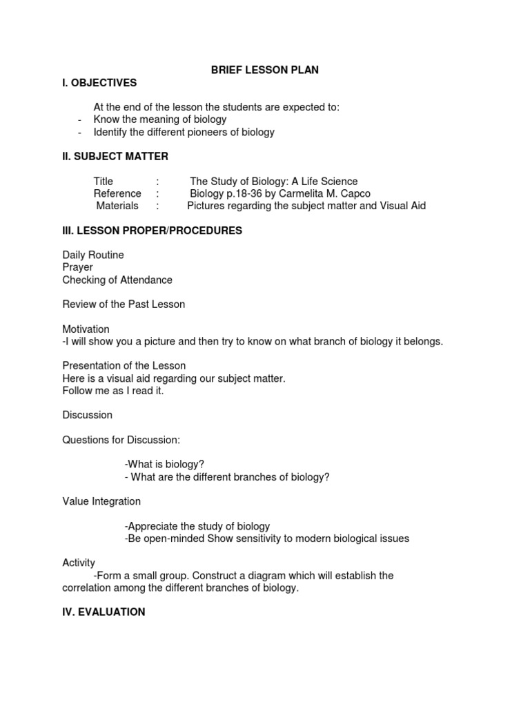 Brief Lesson Plan I. Objectives | PDF