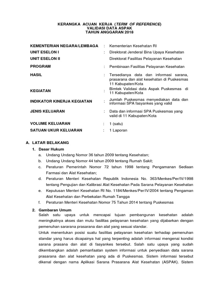 TOR-KAK Bimtek Validasi Aspak 18 | PDF