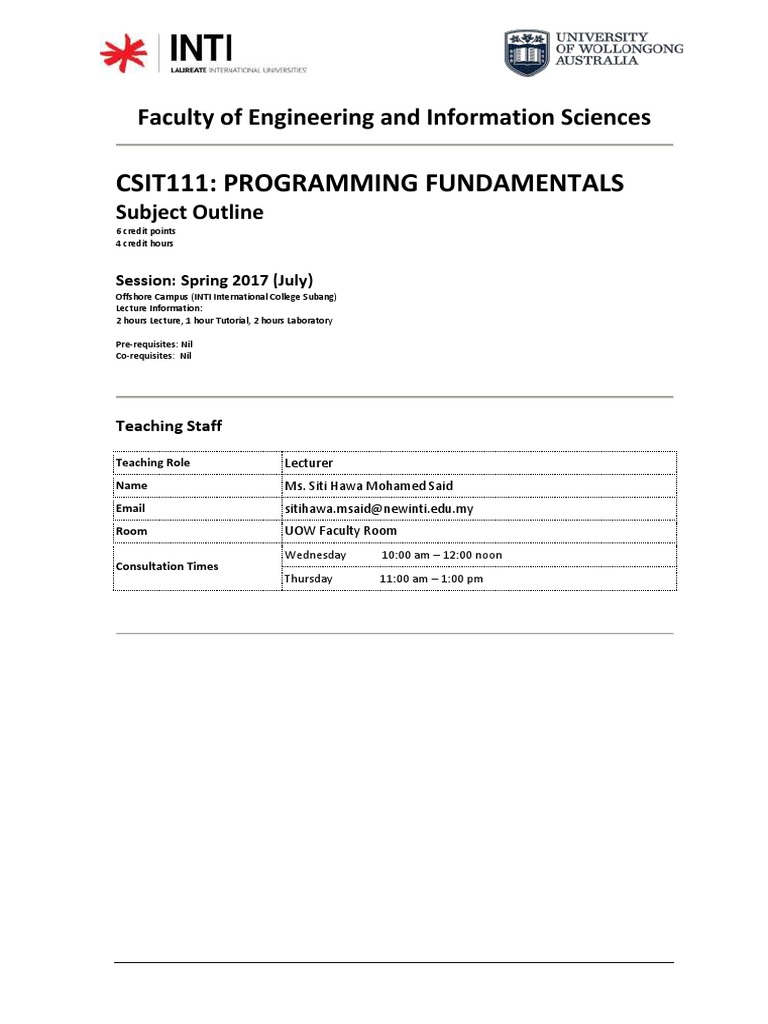 CSIT111 SubjectOutline July2017 | PDF | Lecture | Test (Assessment)