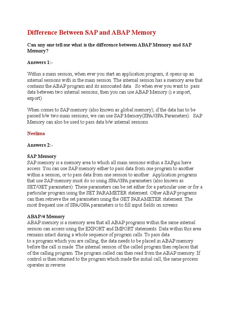 Difference Between SAP and ABAP Memory | PDF | Computer Programming | Software Engineering