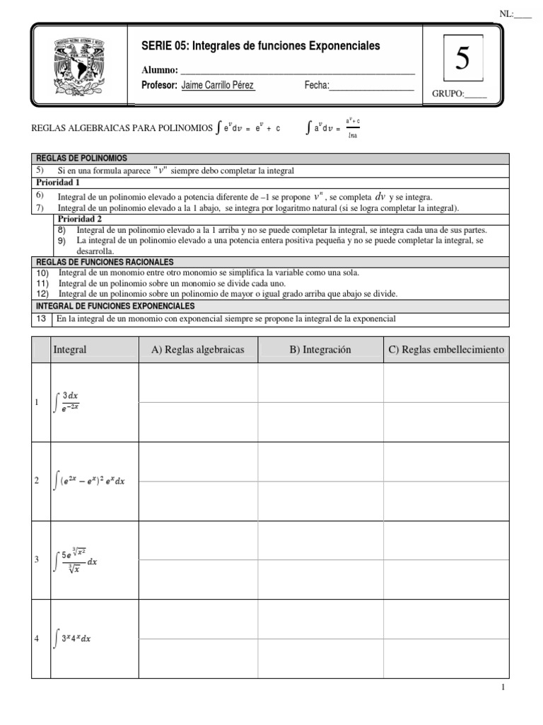 Serie 05 - Integrales de Funciones Exponenciales PDF | PDF | Raíz cuadrada | Integral