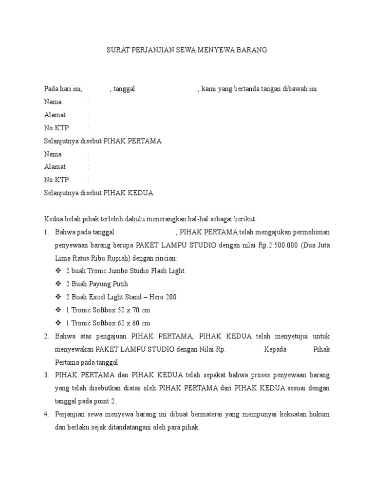 Surat Perjanjian Sewa Barang Studio | PDF