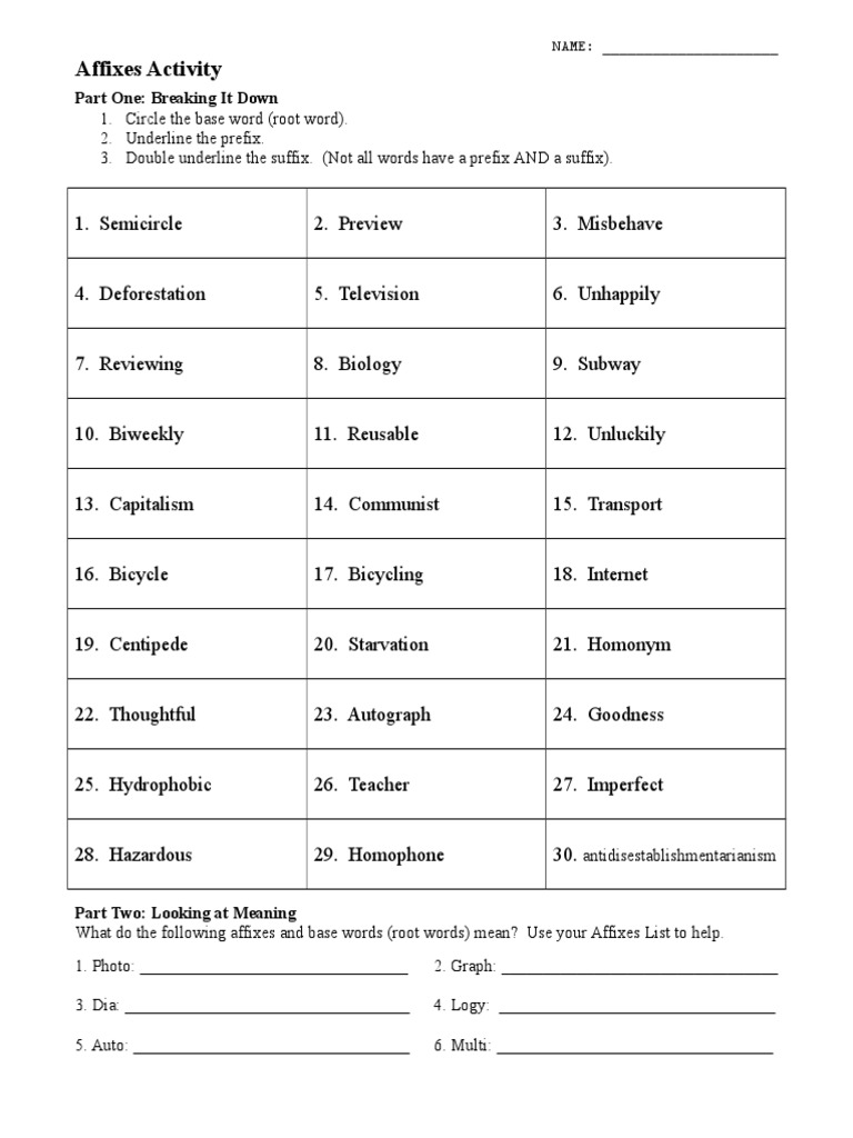 Affixes Activity | PDF | Onomastics | Lexical Semantics