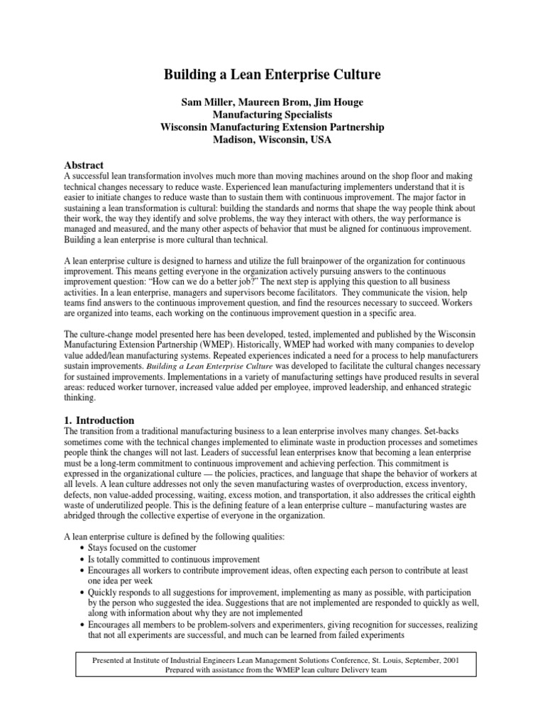 Building A Lean Enterprise Culture | PDF | Lean Manufacturing | Leadership