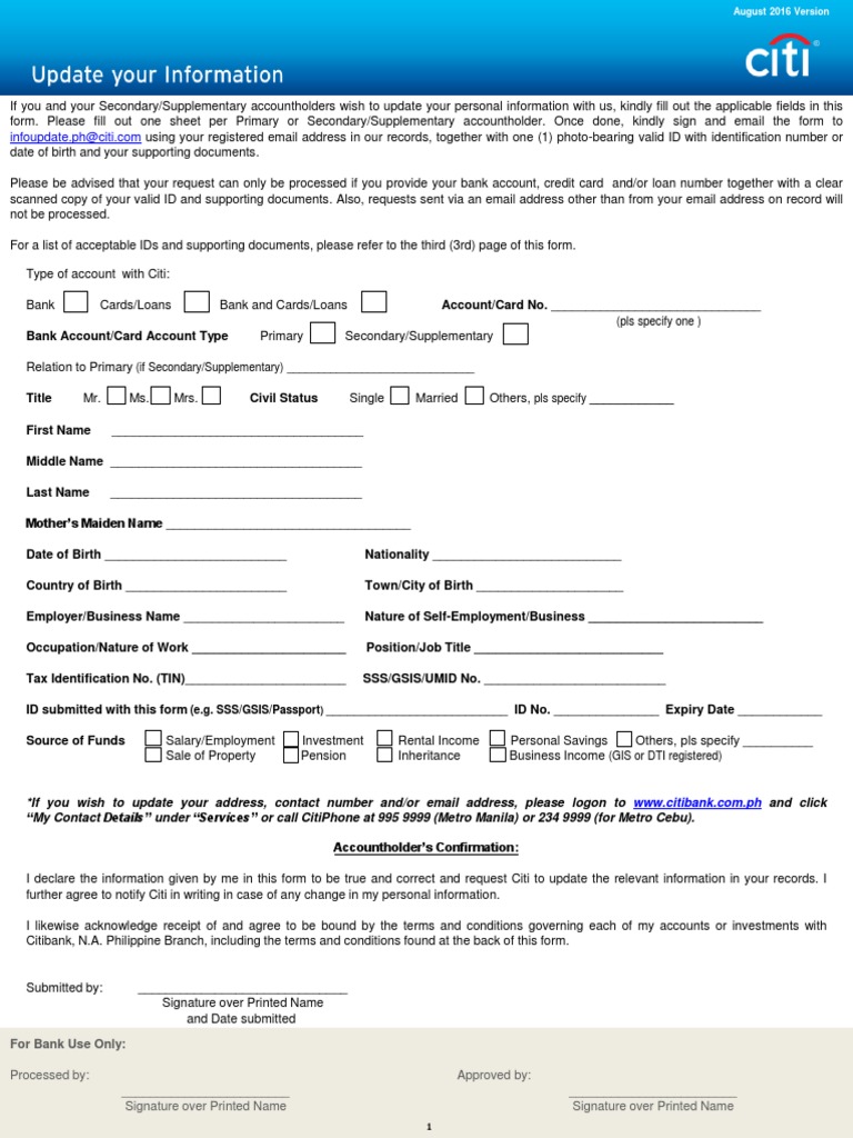 Info Update Form Aug2016 | PDF | Identity Document | Credit Card