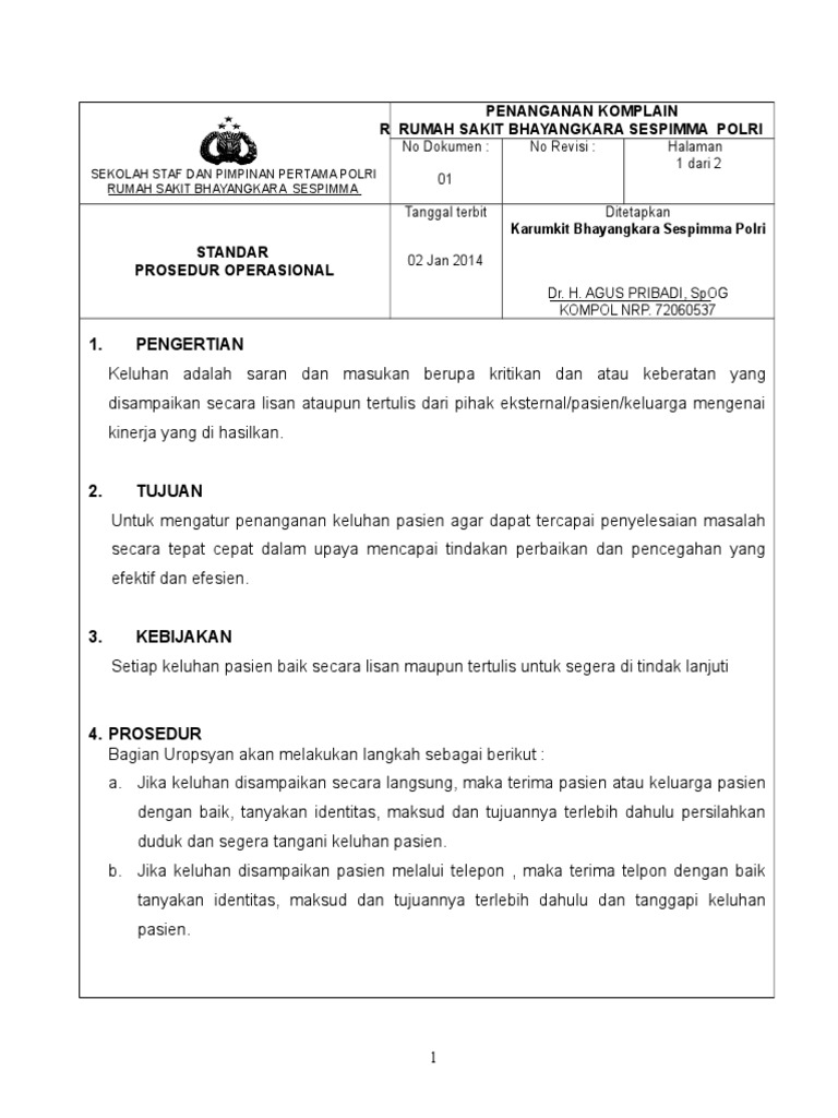 SOP Penanganan Komplain Rumah Sakit | PDF
