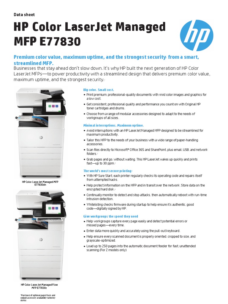 HP Color LaserJet Managed MFP E77830 Data Sheet | PDF | Image Scanner ...