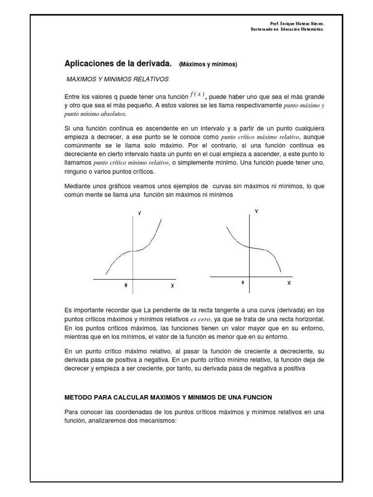 Mximos y Mnimos de Una Funcion de Una Variable Independiente PDF | PDF | Derivado | Conceptos ...