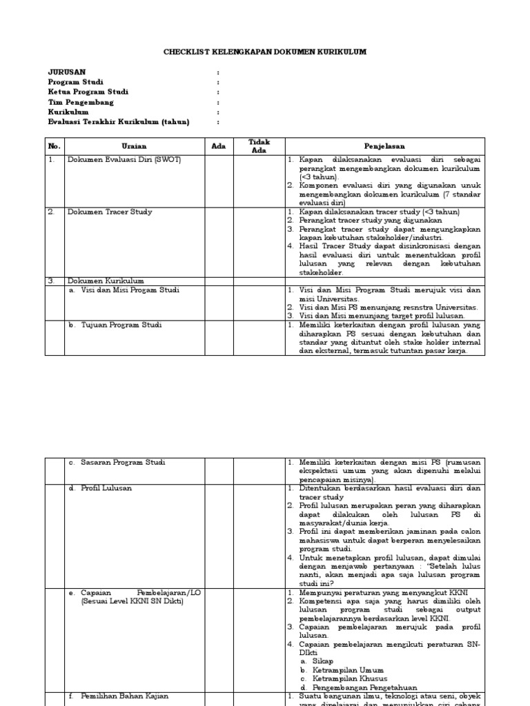 Checklist Kelengkapan Dokumen Kurikulum | PDF