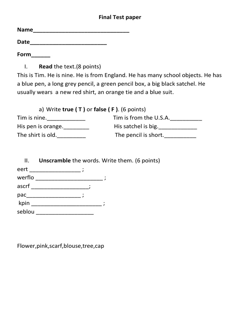 Final Test Paper Name - Date - Form - Read The Text. (8 Points) | PDF ...