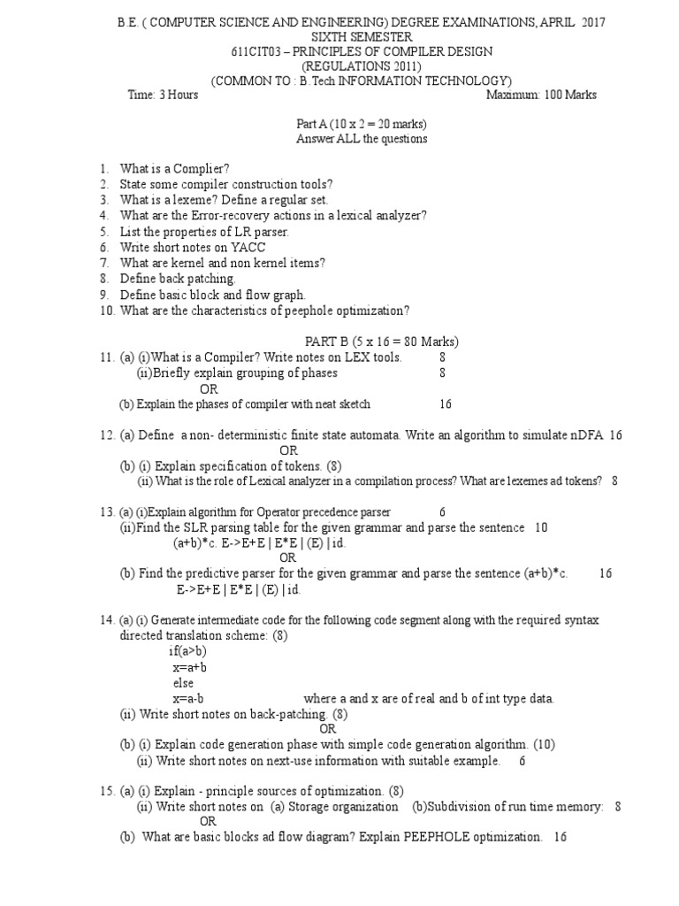 Compiler Design Questio and Answer Key - 1 | Download Free PDF ...