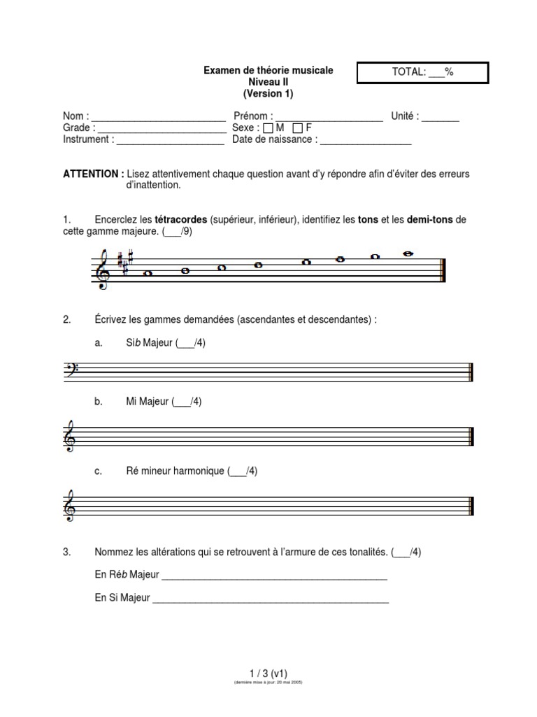 Examen de Théorie Musicale PDF | PDF | Gamme musicale | Gammes musicales