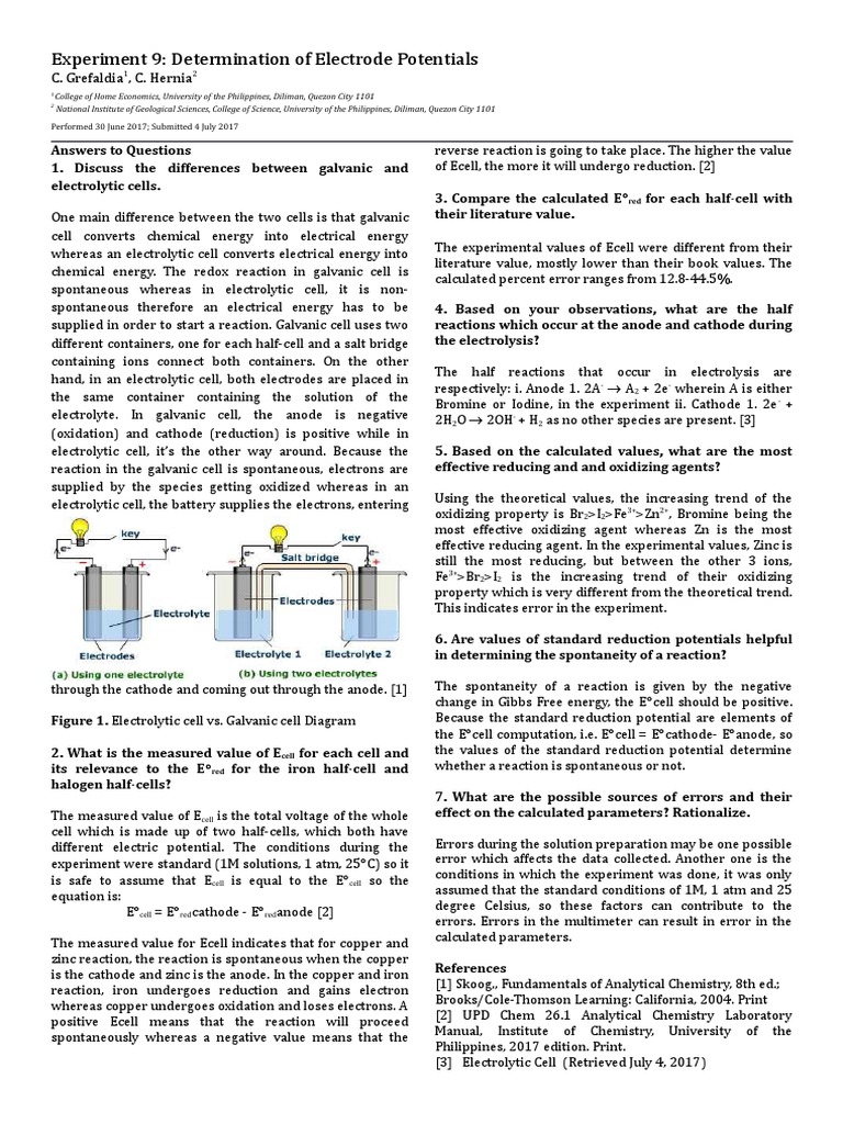 Experiment 9: Determination of Electrode Potentials | PDF | Redox ...
