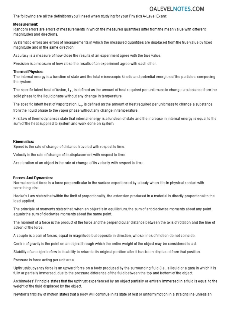 A-Level Physics Key Definitions Guide | PDF | Buoyancy | Radioactive Decay