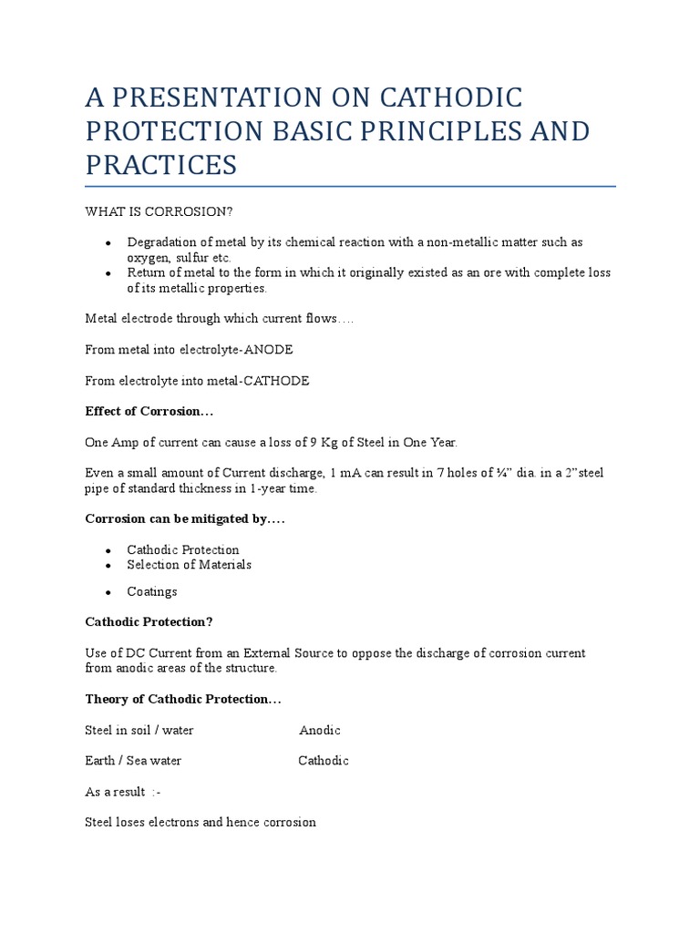 A Presentation On Cathodic Protection Basic Principles and Practices ...