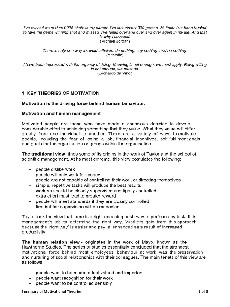Theories of Motivation - Summary | PDF | Motivation | Motivational