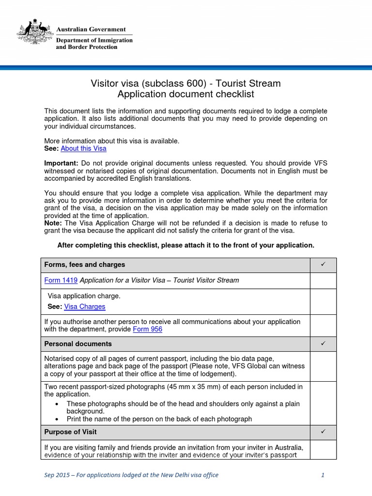 Visitor Visa (Subclass 600) - Tourist Stream Application Document ...