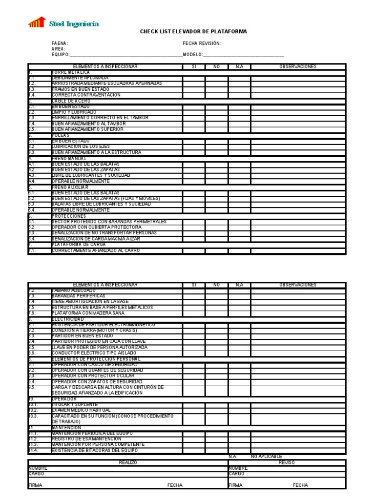 Checklist Elevador Plataforma | PDF | Naturaleza