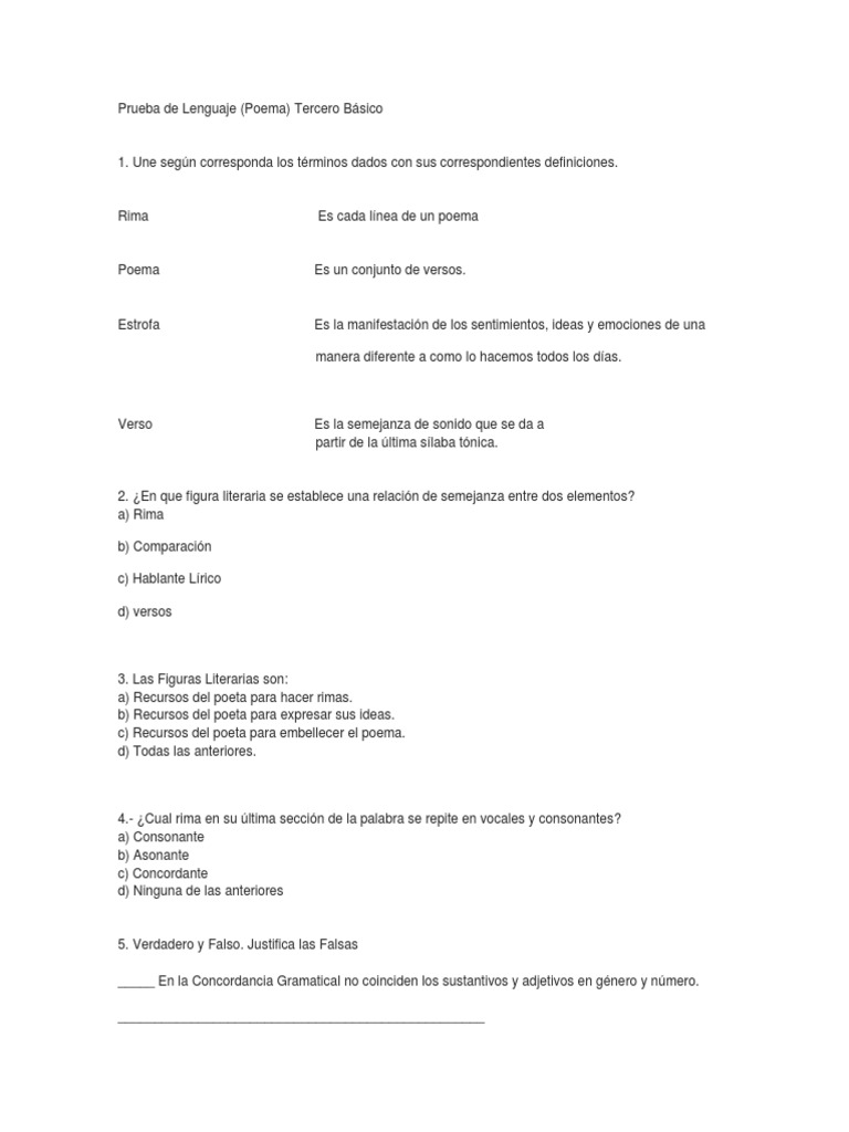 Prueba de Lenguaje Poesia | Descargar gratis PDF | Rima | Poesía