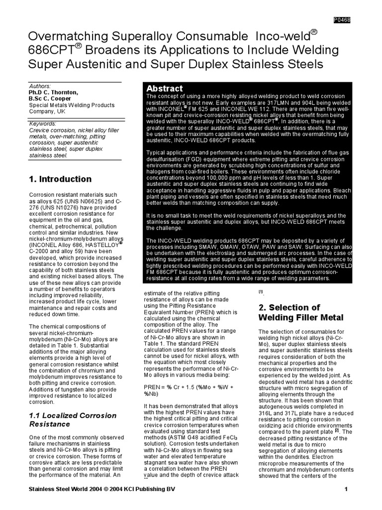 INCO-WELD 686CPT With Super Duplex PDF | PDF | Stainless Steel | Corrosion