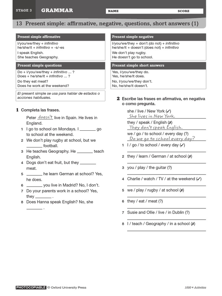 13-Stage 3 13 Present Simple Affirm Neg Questions and Short PDF | PDF | Language Arts & Discipline